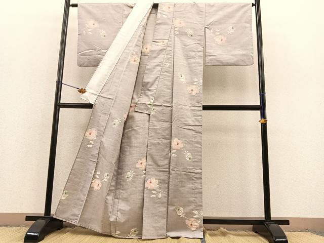 平和屋着物▽上質な紬 単衣 枝花文 正絹 逸品 BAAS8351hv