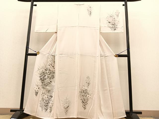 平和屋着物▽訪問着　単衣　手描き　草花文　正絹　逸品　BAAS8382hv