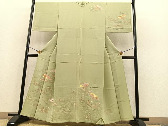 平和屋着物▽訪問着　単衣　駒刺繍　立波扇面花文　金彩　正絹　逸品　BAAS8394hv