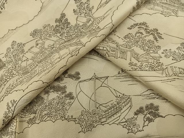 平和屋着物▽上質な小紋　単衣　絞り　人物風景文　正絹　逸品　BAAS9244ow