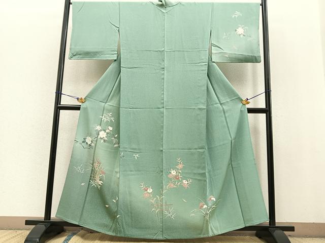 平和屋着物▽訪問着　単衣　草花文　暈し染め　正絹　逸品　BAAT0425yt