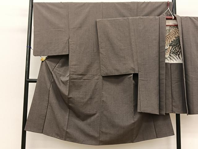 平和屋着物●男性　紬　アンサンブル　絣文様　羽裏：虎　正絹　逸品　BAAT0832yc