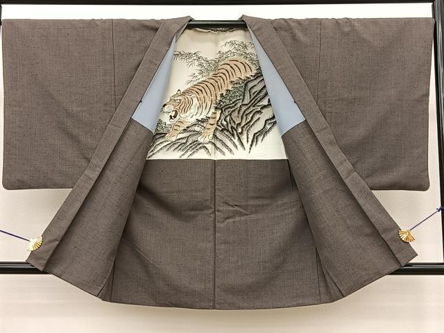平和屋着物●男性　紬　アンサンブル　絣文様　羽裏：虎　正絹　逸品　BAAT0832yc 平和屋着物○男性 紬 アンサンブル 絣文様 羽裏：虎 正絹 逸品 BAAT0832yc