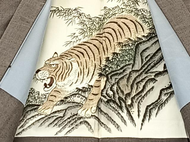 平和屋着物○男性 紬 アンサンブル 絣文様 羽裏：虎 正絹 逸品 BAAT0832yc