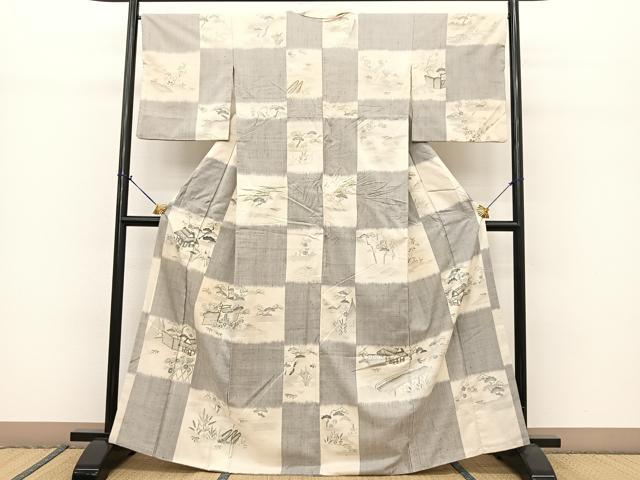 平和屋着物●生紬　市松風景文　正絹　逸品　BAAT0857yc