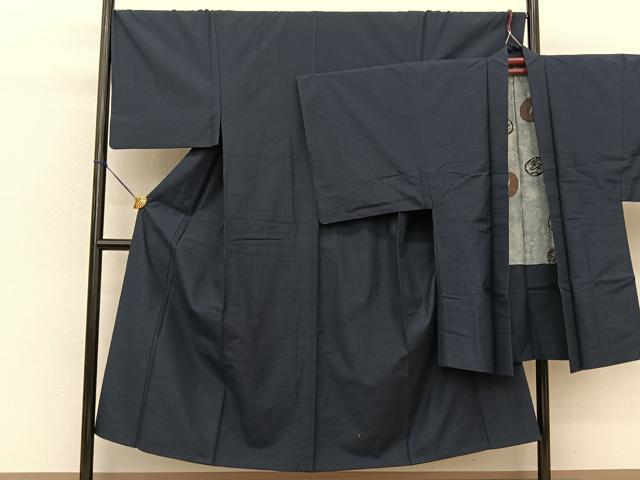 平和屋着物●男性　紬　アンサンブル　色無地　留紺色　正絹　逸品　BAAT0947yc