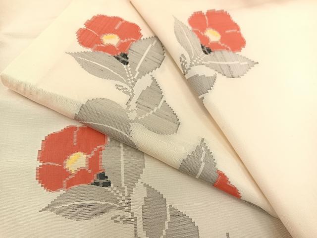 平和屋着物▽上質な紬　単衣　枝椿　正絹　逸品　BAAT1103hv