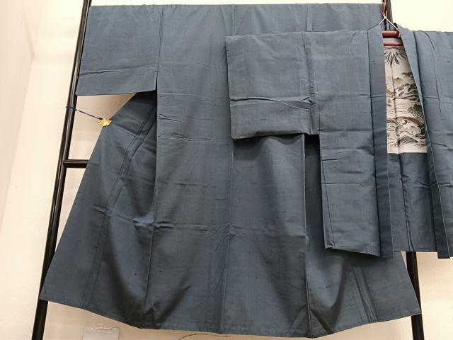 平和屋着物●男性　紬　アンサンブル　色無地　錆鼠色　キングサイズ　正絹　逸品　BAAT3186hv