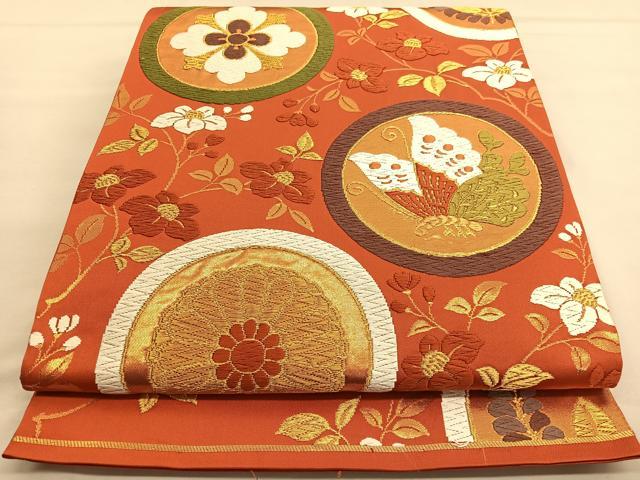 平和屋着物■西陣　河合美術織物謹製　六通柄袋帯　唐織　花蝶丸文　金糸　正絹　逸品　BAAT6783hv
