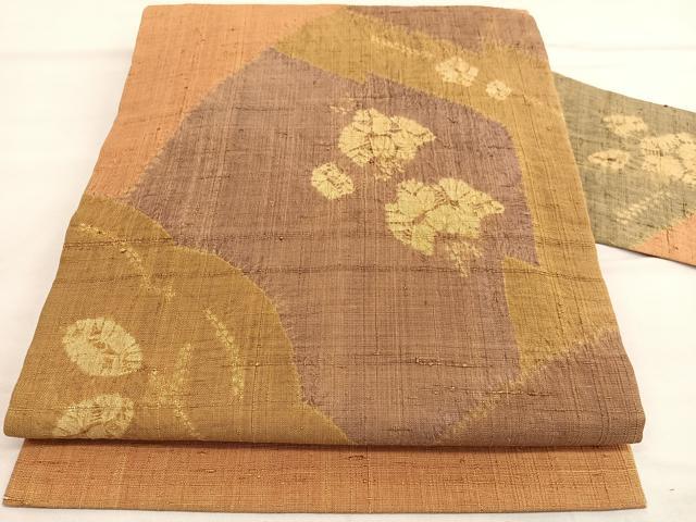 平和屋着物■九寸名古屋帯　紬地　絞り　草花文　正絹　逸品　BAAT6834hv