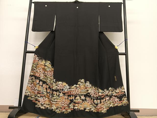 平和屋着物●豪中国三大刺繍　蘇州刺繍　総刺繍　黒留袖　大名行列　金糸　正絹　逸品　BAAT8726hv