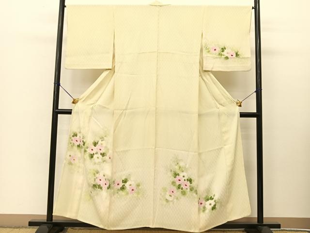 平和屋着物▽訪問着　単衣　手描き　草花文　正絹　逸品　BAAT9070yc