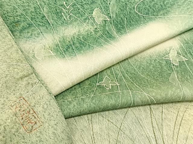 平和屋着物▽上質な小紋　単衣　作家物　草花文　暈し染め　正絹　逸品　BAAT9116yc