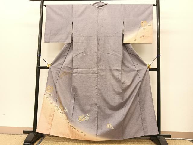 平和屋着物●訪問着　単衣　紬地　草花文　暈し染め　金彩　銀通し地　正絹　逸品　BAAT9140yc