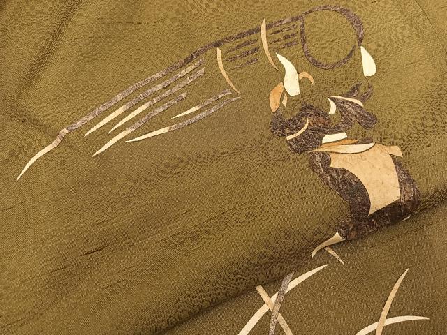 平和屋着物＃蓑虫工芸作家・乙夜　道中着　ロング丈　人物文　稲刈り　正絹　逸品　BAAT9273gt