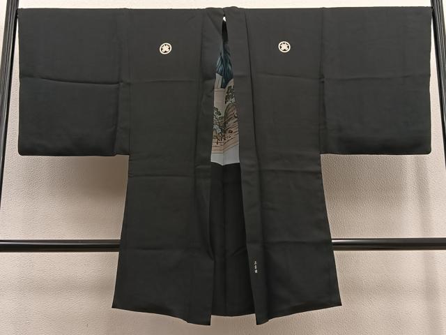 平和屋着物＃男性　長羽織　黒紋付　羽裏：人物風景　正絹　逸品　BAAU0031gt