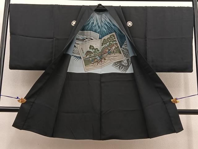 平和屋着物＃男性　長羽織　黒紋付　羽裏：人物風景　正絹　逸品　BAAU0031gt 平和屋着物＃男性 長羽織 黒紋付 羽裏：人物風景 正絹 逸品 BAAU0031gt