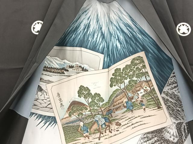 平和屋着物＃男性 長羽織 黒紋付 羽裏：人物風景 正絹 逸品 BAAU0031gt