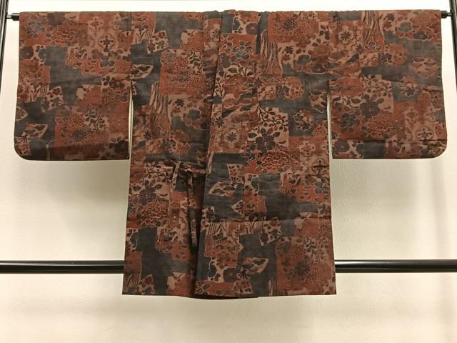 平和屋着物＃道中着　紬地　花鳥文　正絹　逸品　BAAU0101gt