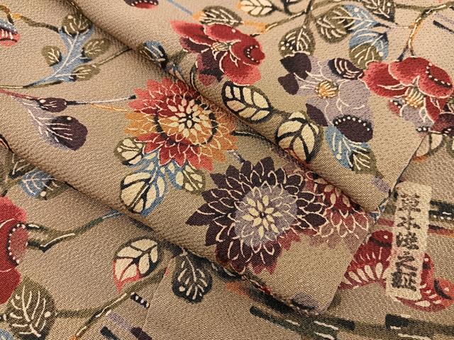 平和屋着物●上質な小紋　型染め　草木染　草花尽くし　鬼しぼ縮緬　正絹　逸品　BAAU0174gt