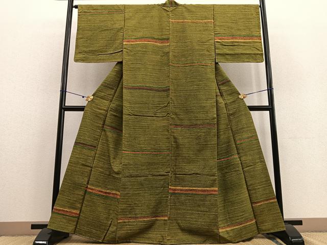 平和屋着物●訪問着　紬地　横段文　正絹　逸品　未使用　BAAU0194gt