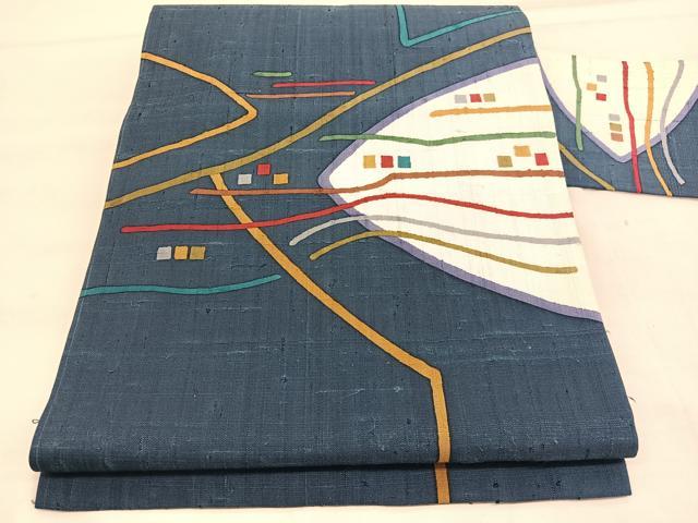 平和屋着物●九寸名古屋帯　生紬地　幾何学文様　型染め　正絹　逸品　BAAU1849hv