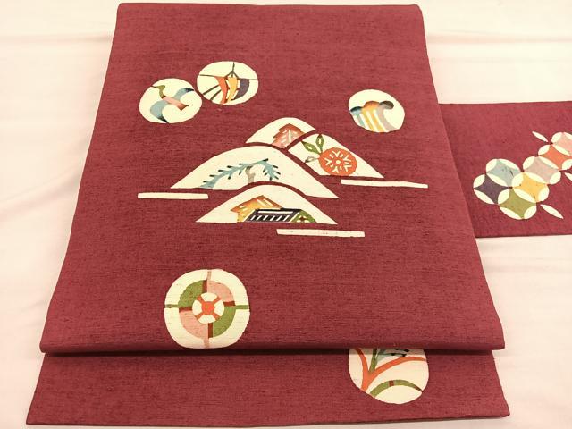 平和屋着物●九寸名古屋帯　作家物　紬地　型染め　重山花蝶丸文　正絹　逸品　未使用　BAAU1854hv