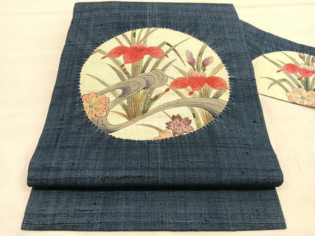 平和屋着物●九寸名古屋帯　作家物　手描き　生紬地　絞り　八ツ橋花文　型染め　正絹　逸品　BAAU1856hv