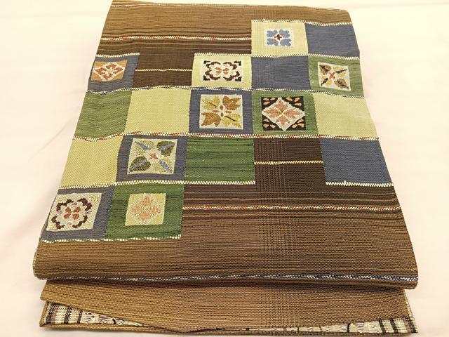 平和屋着物●両面　六通柄袋帯　すくい織　市松草花文　正絹　逸品　未使用　BAAU1869hv
