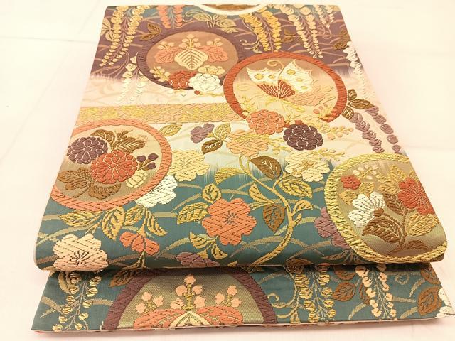 平和屋着物●六通柄袋帯　唐織　花蝶丸文　金糸　正絹　逸品　BAAU2393yc