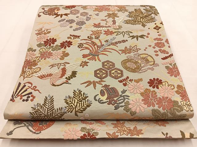 平和屋着物●六通柄袋帯　唐織　草木染　宝尽くし楽器花文　金糸　正絹　逸品　BAAU3149hj