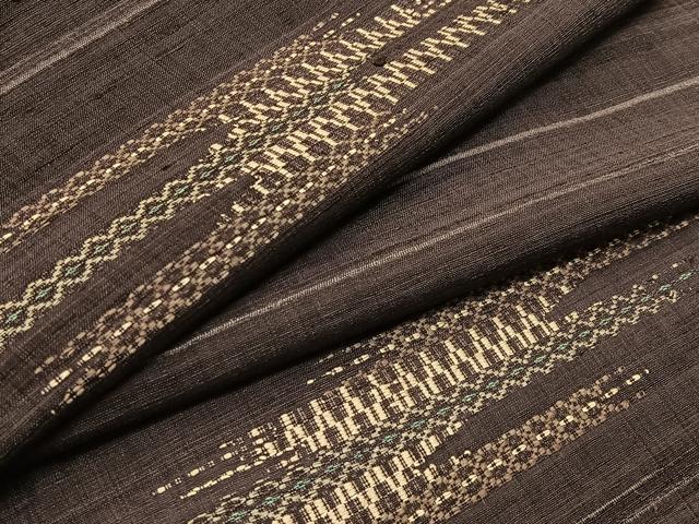 平和屋着物▽上質な紬　単衣　刺繍　横段霞文　正絹　逸品　BAAU3491hj