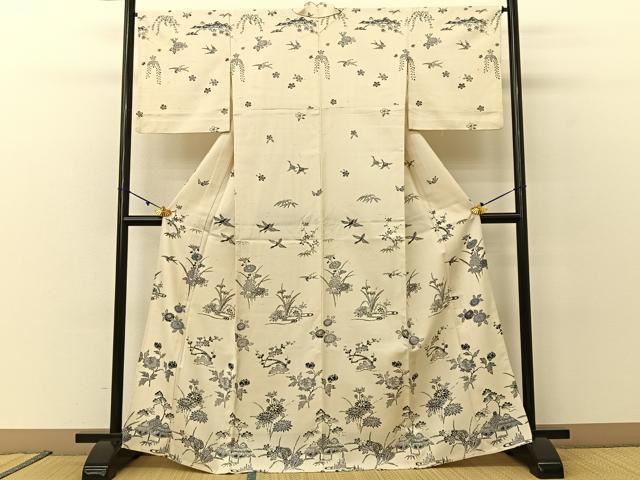 平和屋着物▽訪問着　単衣　紬地　型染め　松竹梅　御所解文　正絹　逸品　BAAU3496hj