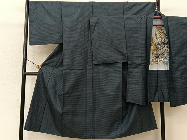 平和屋着物●男性　紬　アンサンブル　100亀甲　羽裏：虎　正絹　逸品　BAAU3749hj