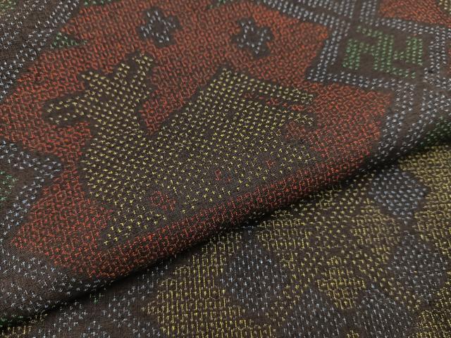 平和屋着物○結城紬 訪問着 100亀甲 短冊枝花文 黒地 正絹 逸品