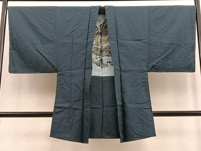 平和屋着物＃男性　紬　長羽織　100亀甲　正絹　逸品　BAAU4687gt