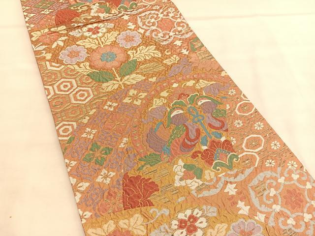 平和屋着物◎六通柄袋帯 ふくれ織 向かい鳥飾花文 金