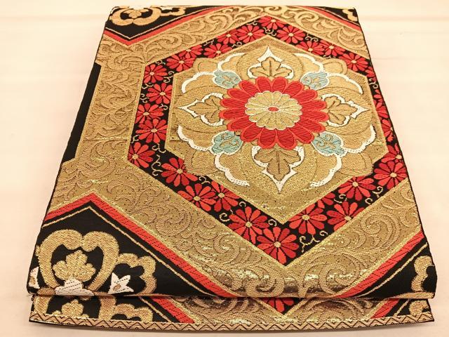 平和屋着物○六通柄袋帯 唐織 雪輪吉祥花文 黒地 金糸 正絹