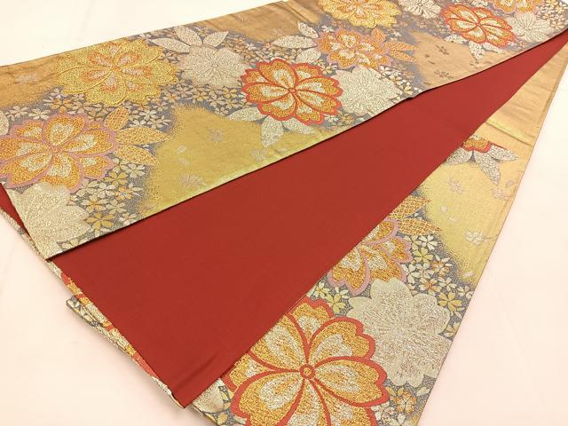 平和屋着物○全通柄袋帯 枝桜文 銀通し地 正絹 逸品