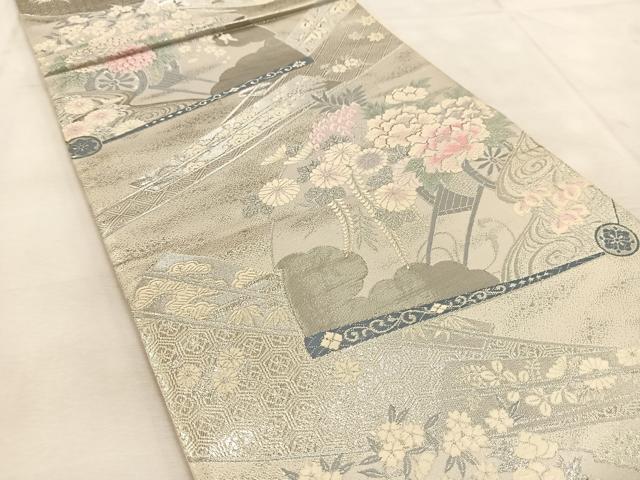 平和屋着物◎六通柄袋帯 唐織 九百錦 吉祥花文 プラチナ