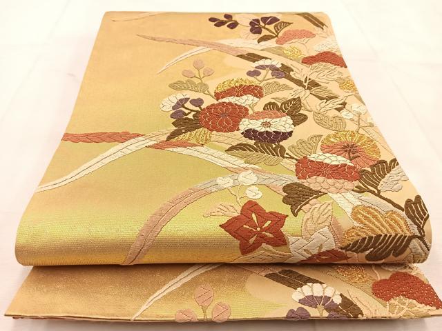 平和屋着物●六通柄袋帯　唐織　秋草文　金糸　正絹　逸品　BAAU6858hj