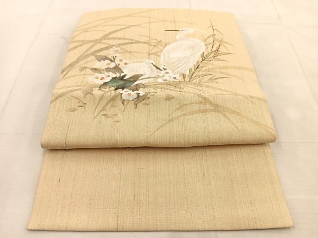 平和屋着物●つけ帯　手描き　紬地　白鷺　金通し地　正絹　逸品　未使用　BAAU6895yc