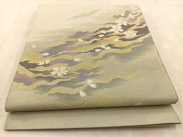 平和屋着物●爪掻き本綴れ　太鼓柄袋帯　桜流し　金銀糸　やまと誂製　正絹　逸品　BAAU8487yc