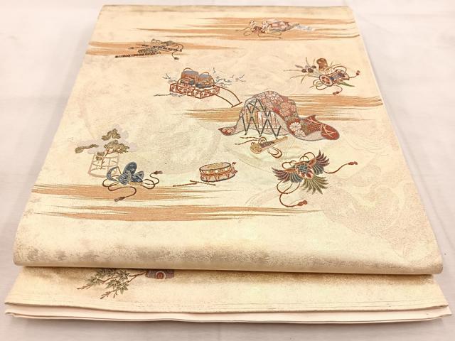 平和屋着物●西陣　老舗織元　泰生織物　太鼓柄袋帯　唐織　楽器吉祥文　金糸　引箔　正絹　逸品　BAAU9080yc