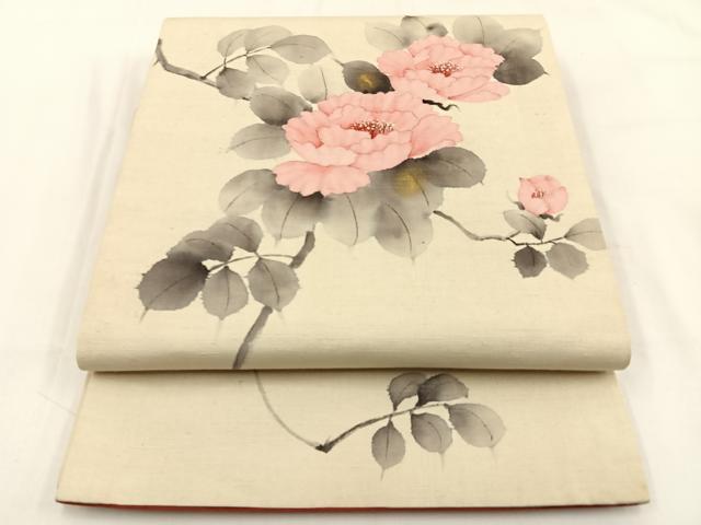 平和屋着物●六通柄　京袋帯　手描き　紬地　枝牡丹　金彩　正絹　逸品　BAAV2975hj