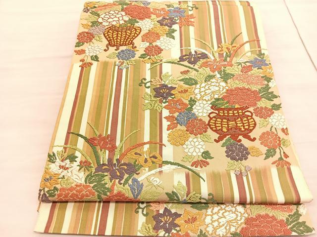 平和屋着物●六通柄袋帯　唐織　花篭文　正絹　逸品　BAAV3265hv