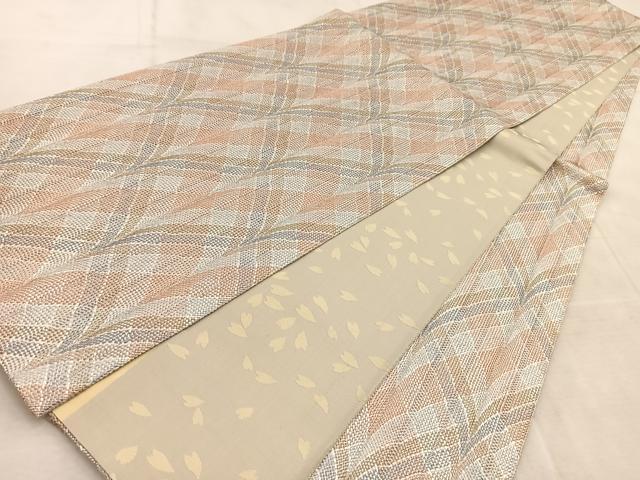 平和屋着物●両面　全通柄袋帯　組織　幾何学文　銀糸　正絹　逸品　BAAV4661yc