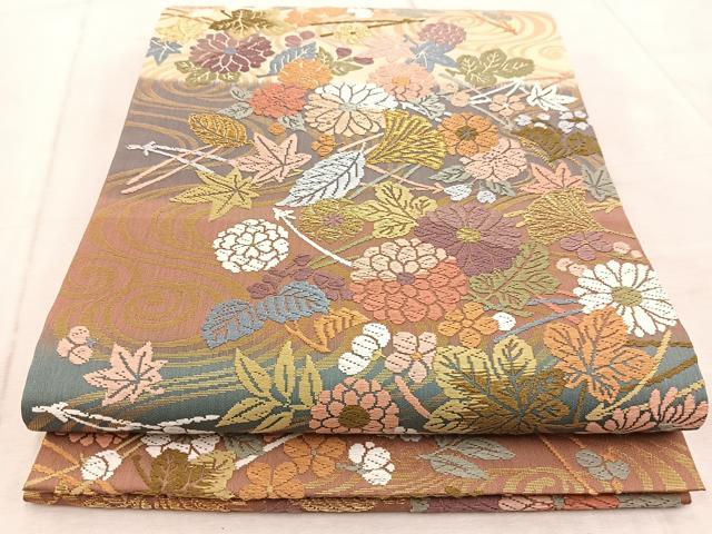 平和屋着物●六通柄袋帯　唐織　流水菊松葉文　金糸　正絹　逸品　BAAV4803yc