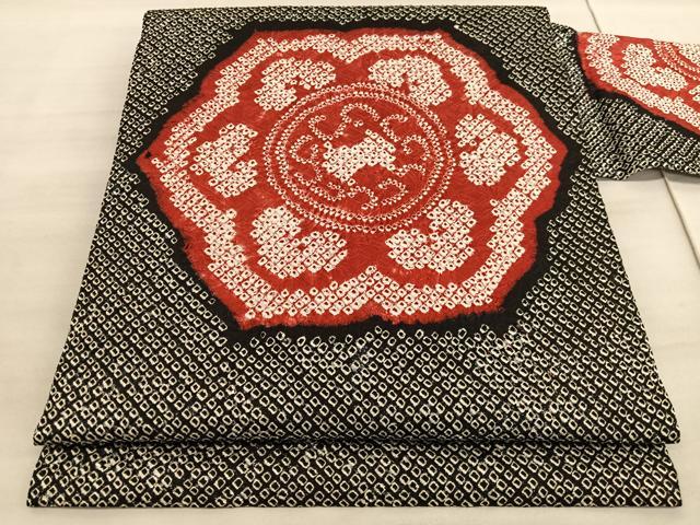 平和屋着物●名門　藤娘きぬたや・絞り　九寸名古屋帯　鏡裏文　黒地　正絹　逸品　BAAV5190hv