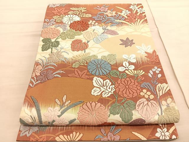 平和屋着物●六通柄袋帯　唐織　地紙草花文　金糸　正絹　逸品　BAAV5397hv